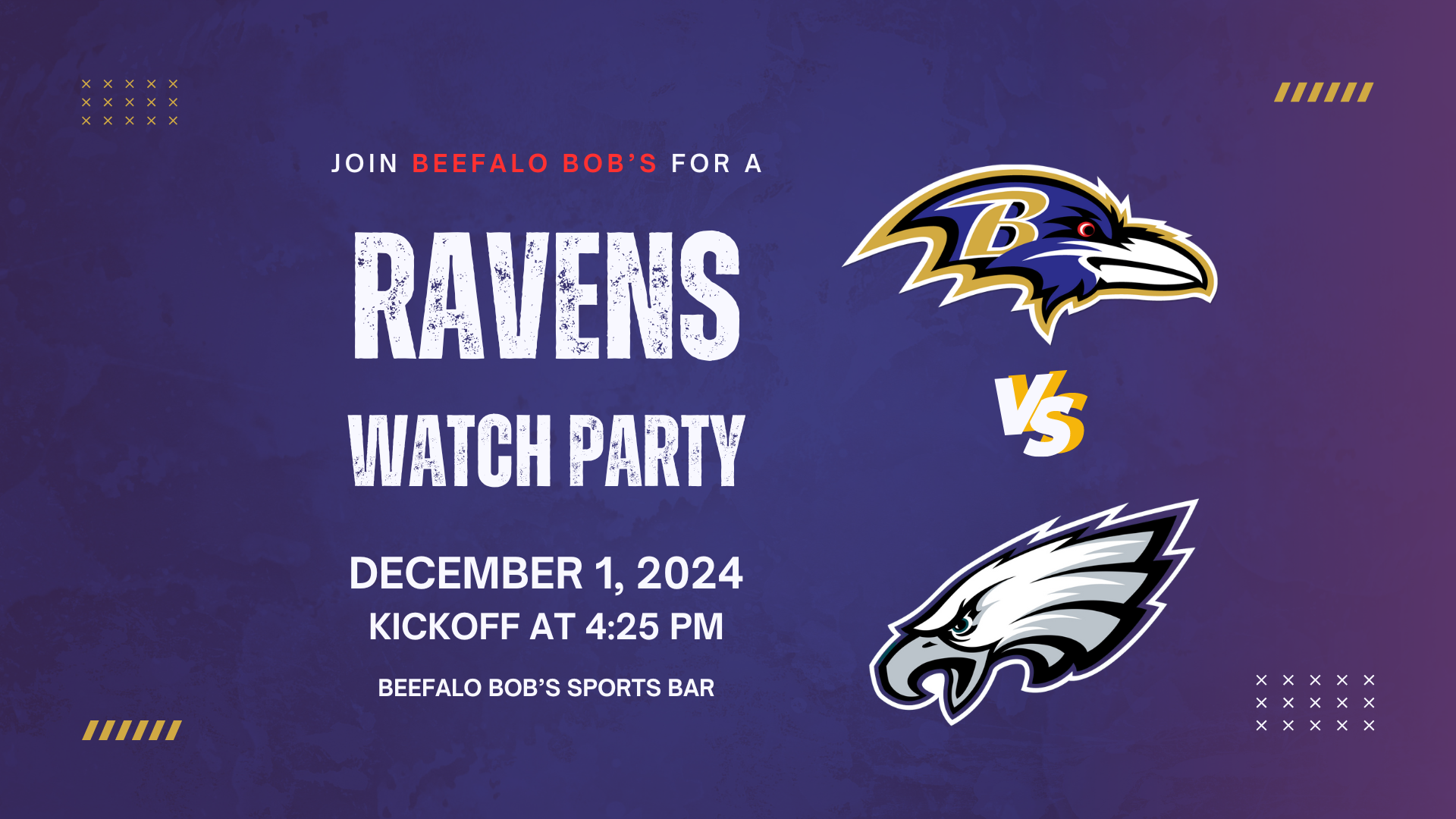 Ravens vs Eagles Watch Party - Beefalo Bobs Catering