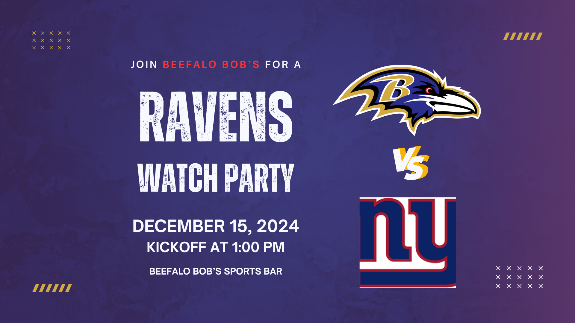Ravens vs Giants Watch Party - Beefalo Bobs Catering