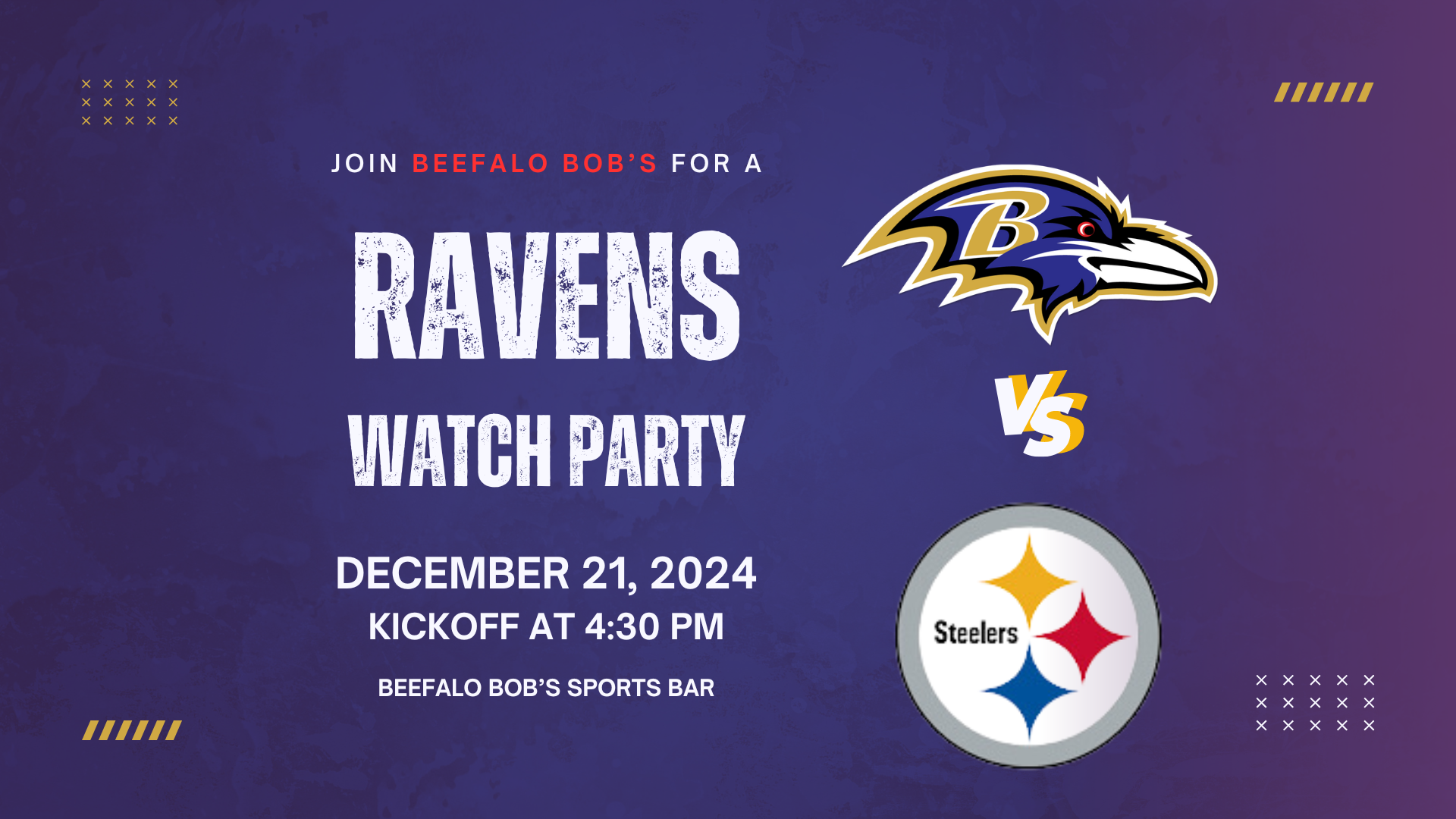 Ravens vs Steelers Watch Party - Beefalo Bobs Catering