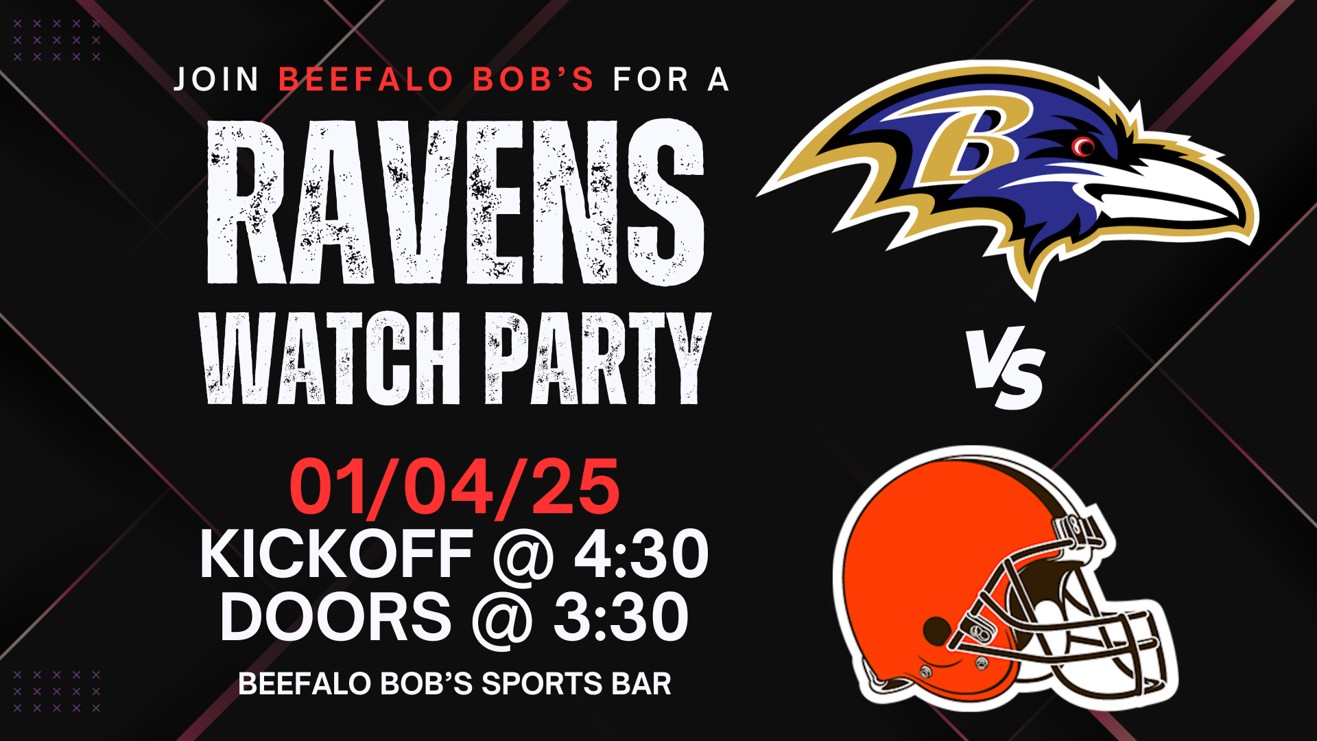Ravens vs Browns Watch Party - Beefalo Bobs Catering