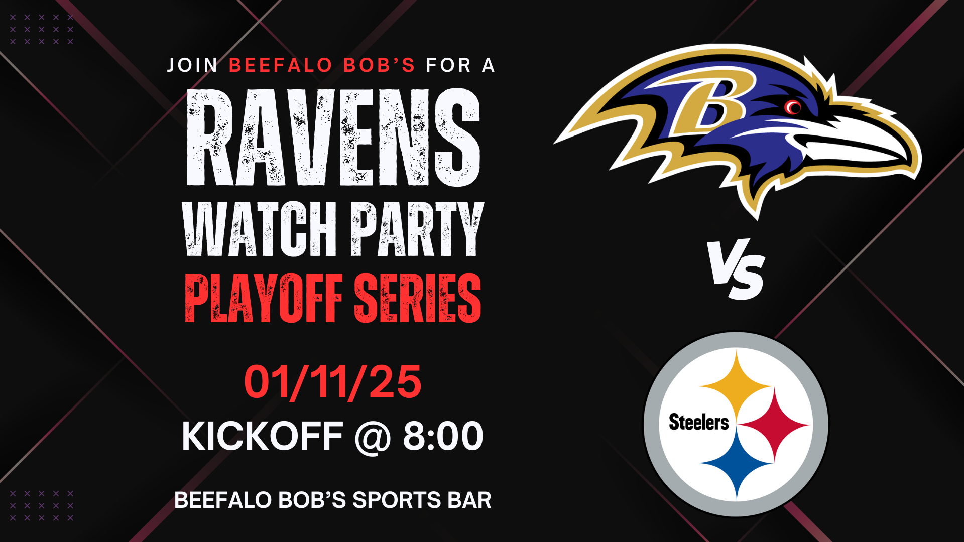 Ravens vs Steelers Playoff Watch Party - Beefalo Bobs Catering